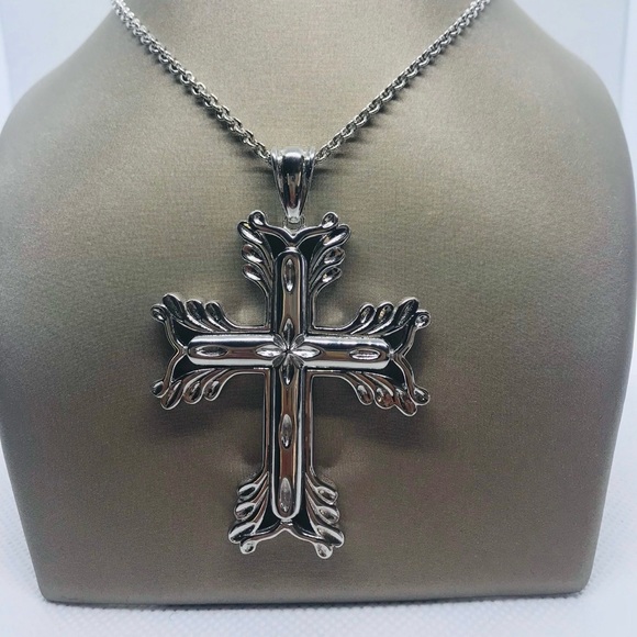 Jewelry | Silver Large Etched Cross Pendant 2 Long Rolo Chain Unisex ...